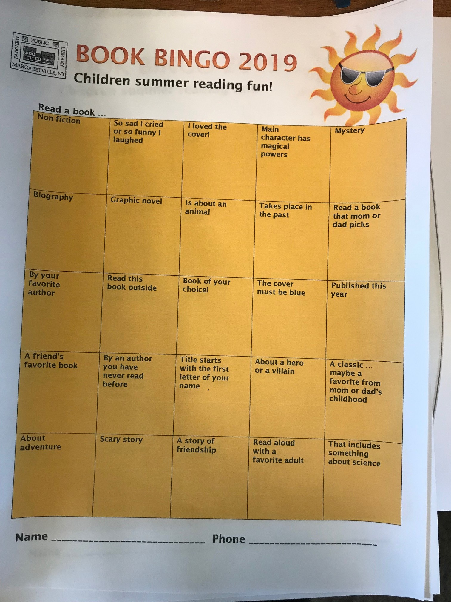 Children’s Summer Book Bingo – Fairview Public Library