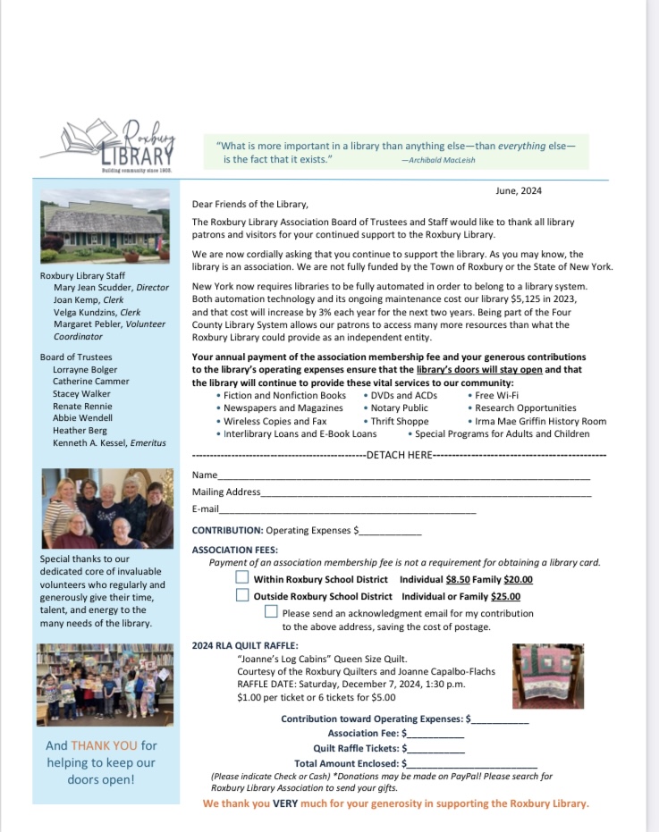 Roxbury Library Association – 53742 State Hwy 30 PO Box 186 Roxbury, NY ...
